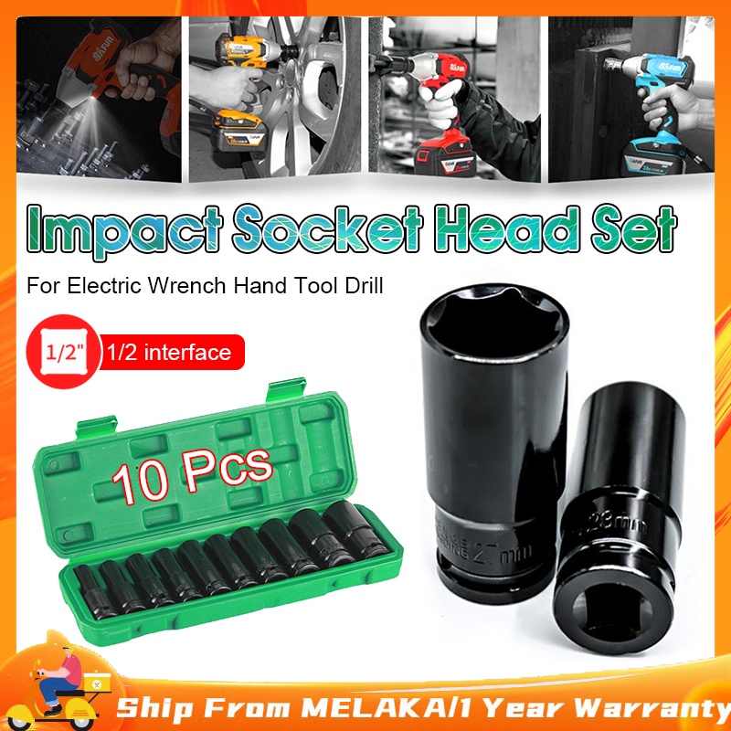 10PCS 1/2"10-24mm Socket Wrench Set Tool Length Extra Long Deep Impact ...
