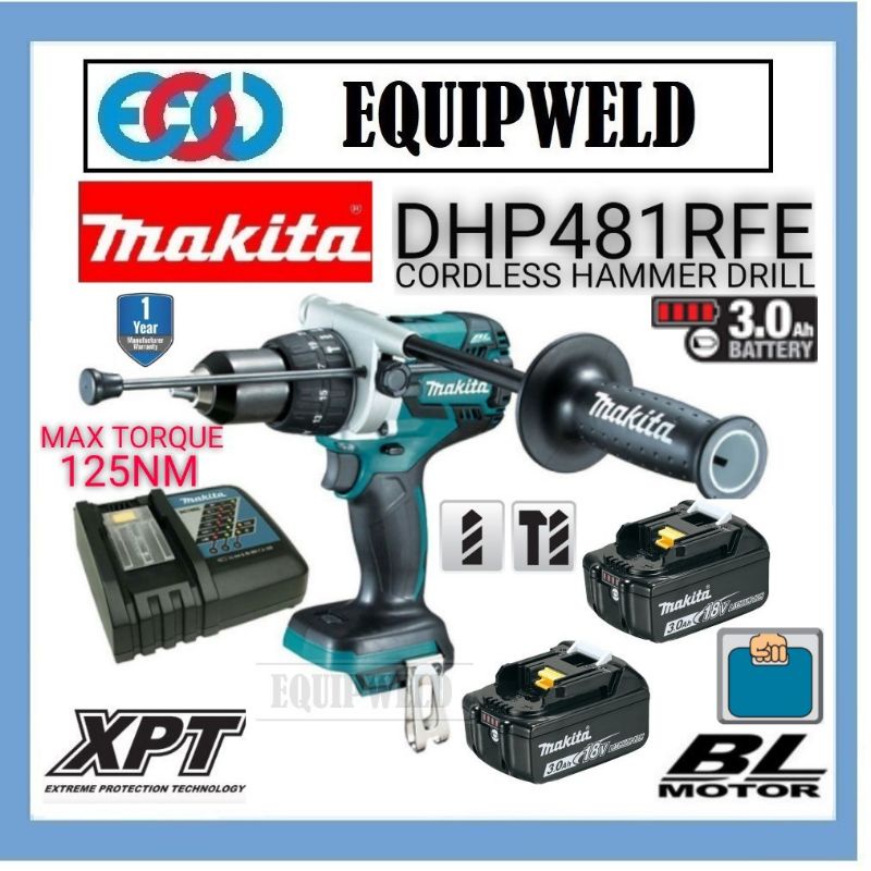 MAKITA 18V DHP481RFE 13MM CORDLESS HAMMER IMPACT DRILL DRIVER WITH ...