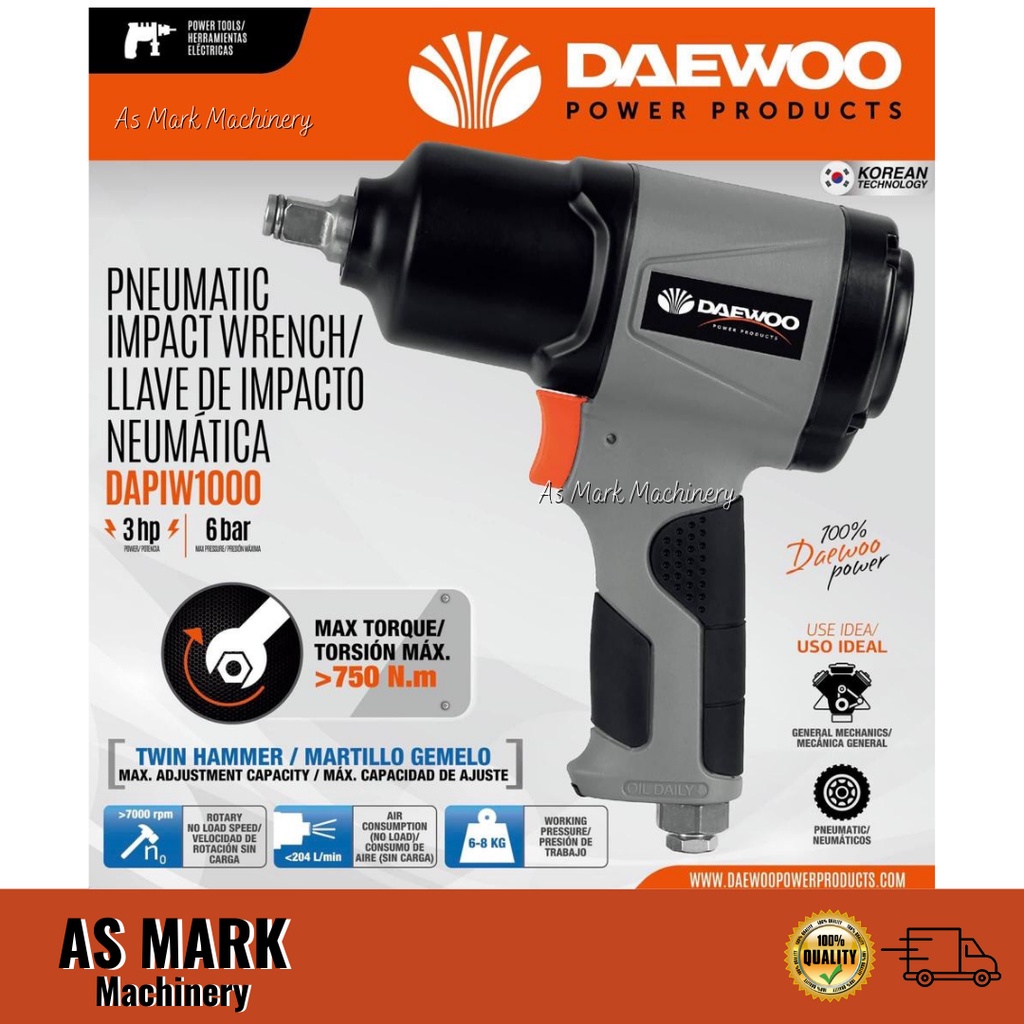 DAEWOO DAPIW1000 1/2" Air Pneumatic Impact Wrench / Twin Hammer with 750NM High Torque | Shopee ...