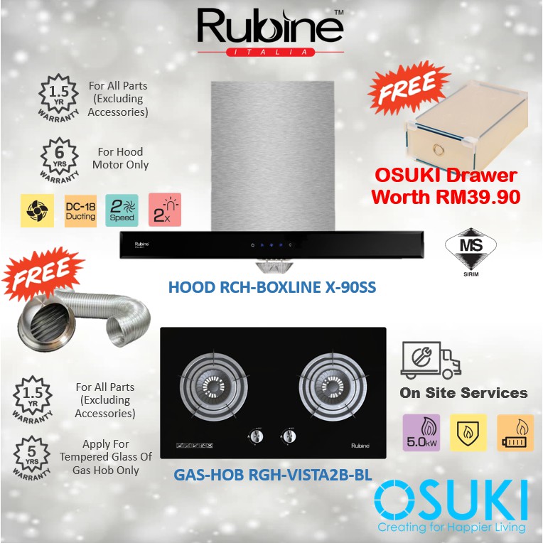 Rubine Gas Cooker Hob Tempered Glass RGH-VISTA2B-BL + Rubine Cooker ...