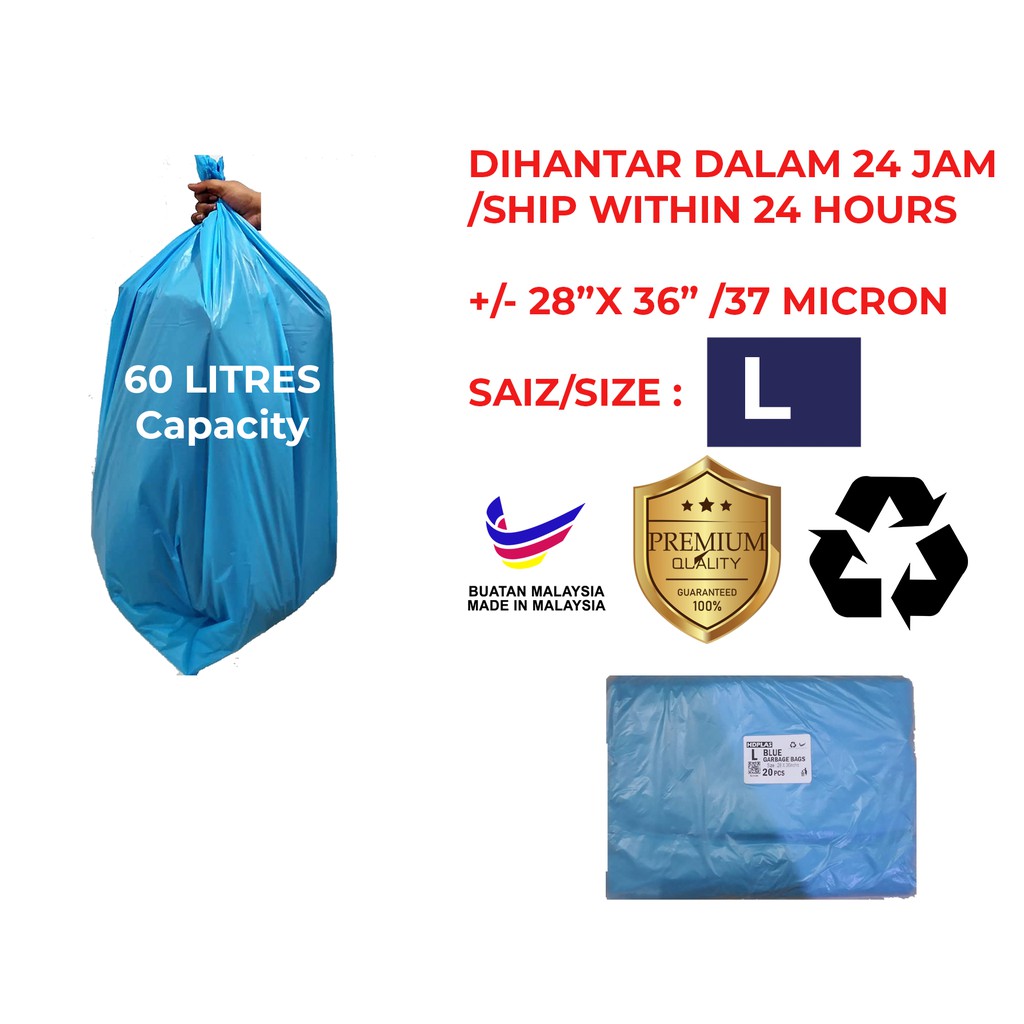 NEW PACKAGING 28"x36" 15 Pcs Blue Garbage Bag L Beg Plastik Sampah Biru ...