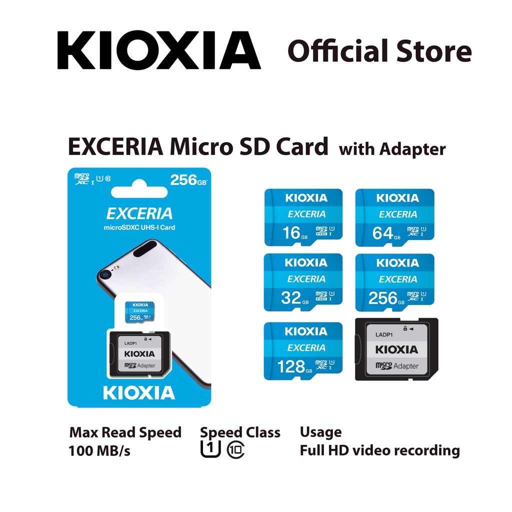 KIOXIA Exceria microSD Memory Card C10 U1 Class with SD Adapter (16GB/32GB/64GB/128GB/256GB ...