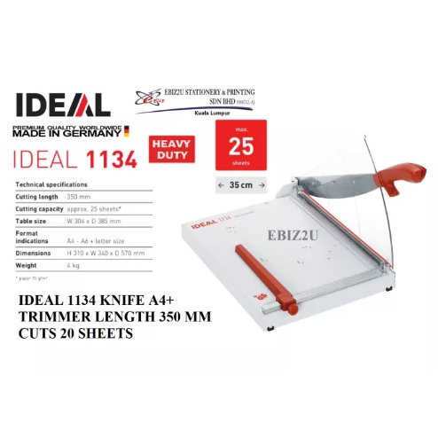 IDEAL 1134 KNIFE A4+ TRIMMER LENGTH 350 MM CUTS 20 SHEETS - (Pemotong ...