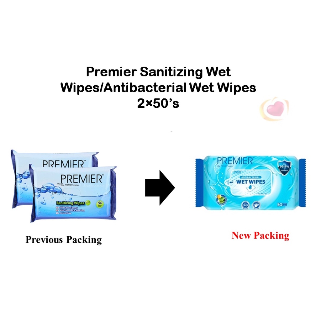 PREMIER Sanitizing Wet Wipes / Antibacterial Wet Wipes (2×50's / 50's ...