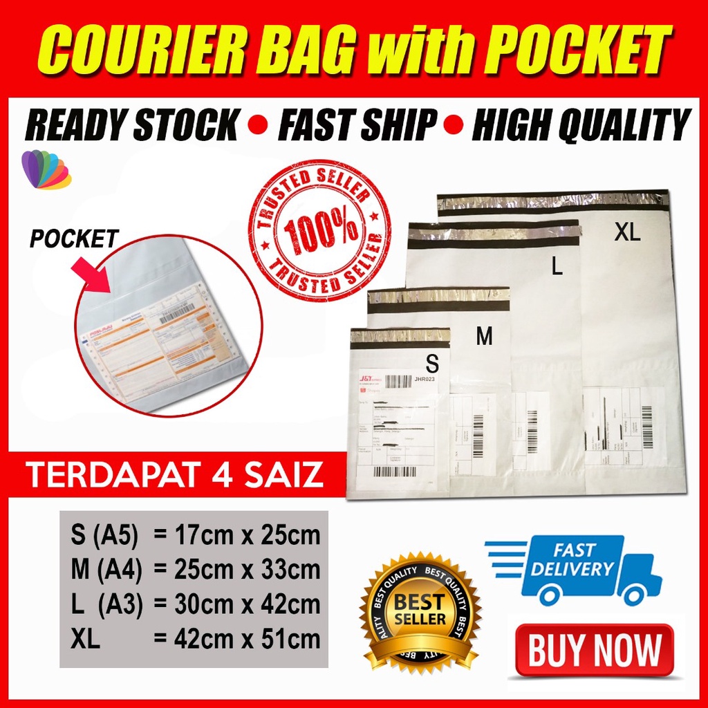 Courier Bag PLASTIK POS Flyers Postage with Pocket (1pcs) saiz S/M/ L ...