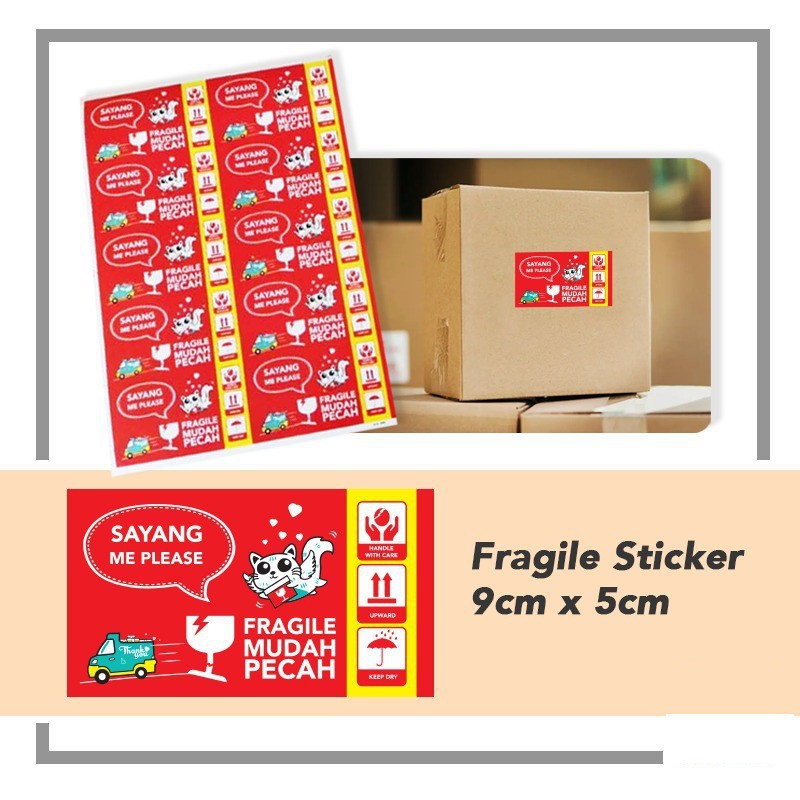 10/100 Pieces ACEVE Cat Fragile Sticker Handle With Care Mudah Pecah ...