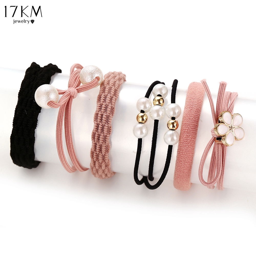 17KM Flower Pearl Black Pink Hair Rope Set Women Accessories (6 Pcs/Bag ...