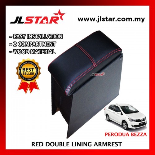PERODUA BEZZA CUSTOM FIT PVC ARMREST RED LINING STICHING 2 COMPARTMENT ...