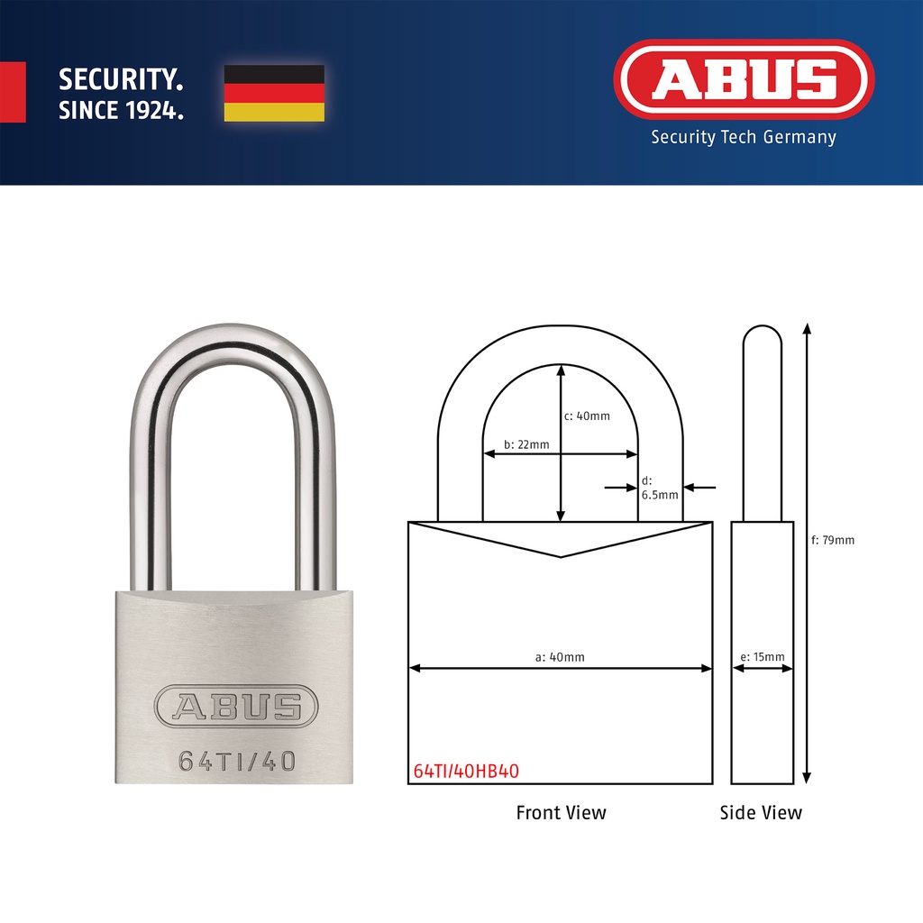 Abus 64TI/40, KA2, KA3, KA4, 64TI/40HB40, 64TI/40HB63 40mm Titalium Padlock. A New Strong, Light ...