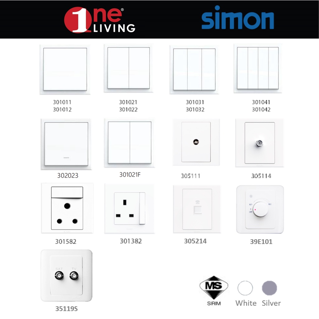 Simon E3 Series Switch/Switches & Socket Outlet - White/Silver | Shopee ...