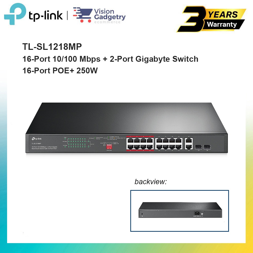TP-Link TL-SL1218MP 16 Port 10/100 Mbps 2 Port Gigabit Rackmount Switch with 16 Port PoE+ PoE ...