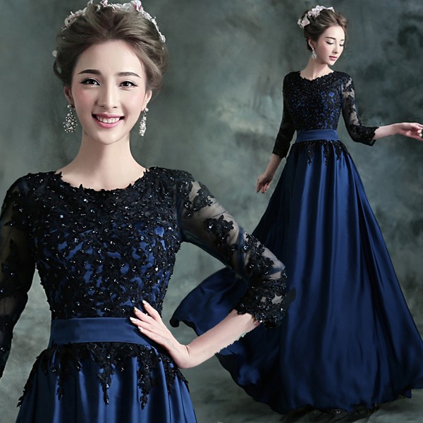 Dark Blue Lace Evening Dress | Shopee Malaysia