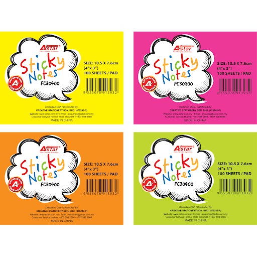 Astar FC30400 Colourful Sticky Notes 100Sheet 10.15cmX7.6cm (4x3 ...