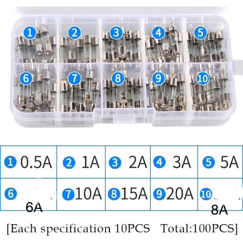 100pcs/Lot 5x20mm Glass Fuses Quick Blow Glass Tube Assorted Kit 250V 0.5A 1A 2A 3A 5A 6A 8A 10A ...