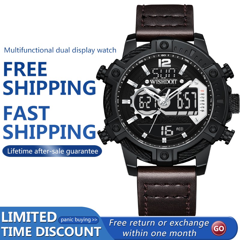 WISHDOIT men's multi-function chronograph dual display watch tough guy ...