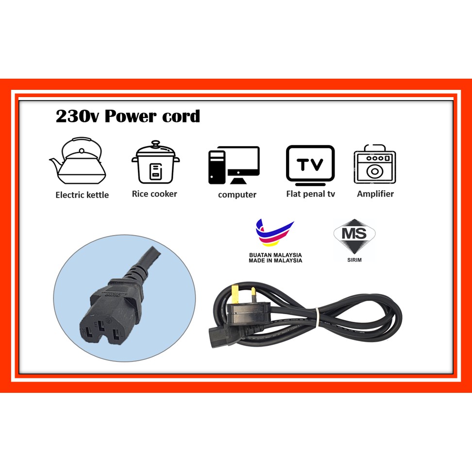 High Quality 230v 10A 2500 Watt 3 Pin Power Cord (Suitable for PC ...