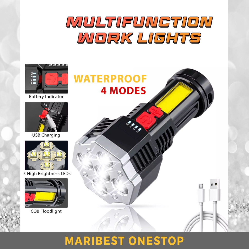 5 LED Flashlight 4 Modes Strong Outdoor Portable COB Side Light USB ...