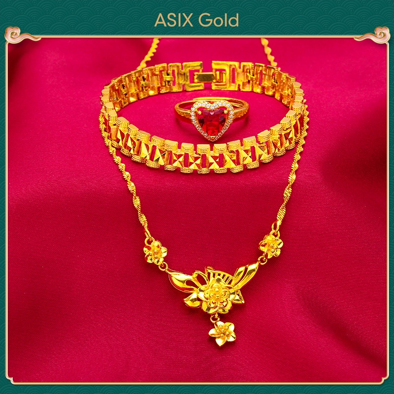 ASIXGOLD Barang Kemas Emas Wanita 3 dalam 1 Set Emas Korea 916 Cincin ...
