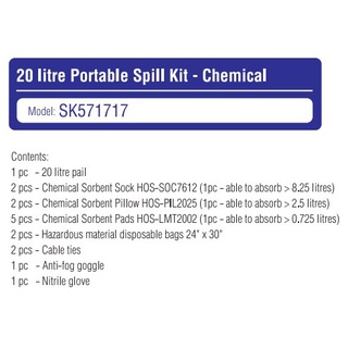 20 litre Portable Spill Kit - OIL, UNIVERSAL, CHEMICAL -PROGUARD ...
