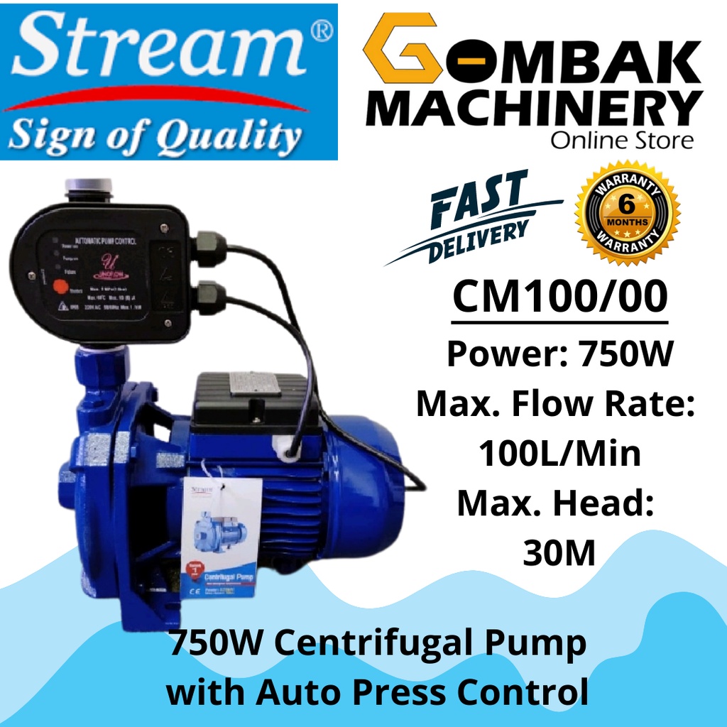 STREAM CM100/00 750W Centrifugal Pump -Head 30m, Inlet x Outlet 1″x1″ with Auto Press Control -6 ...