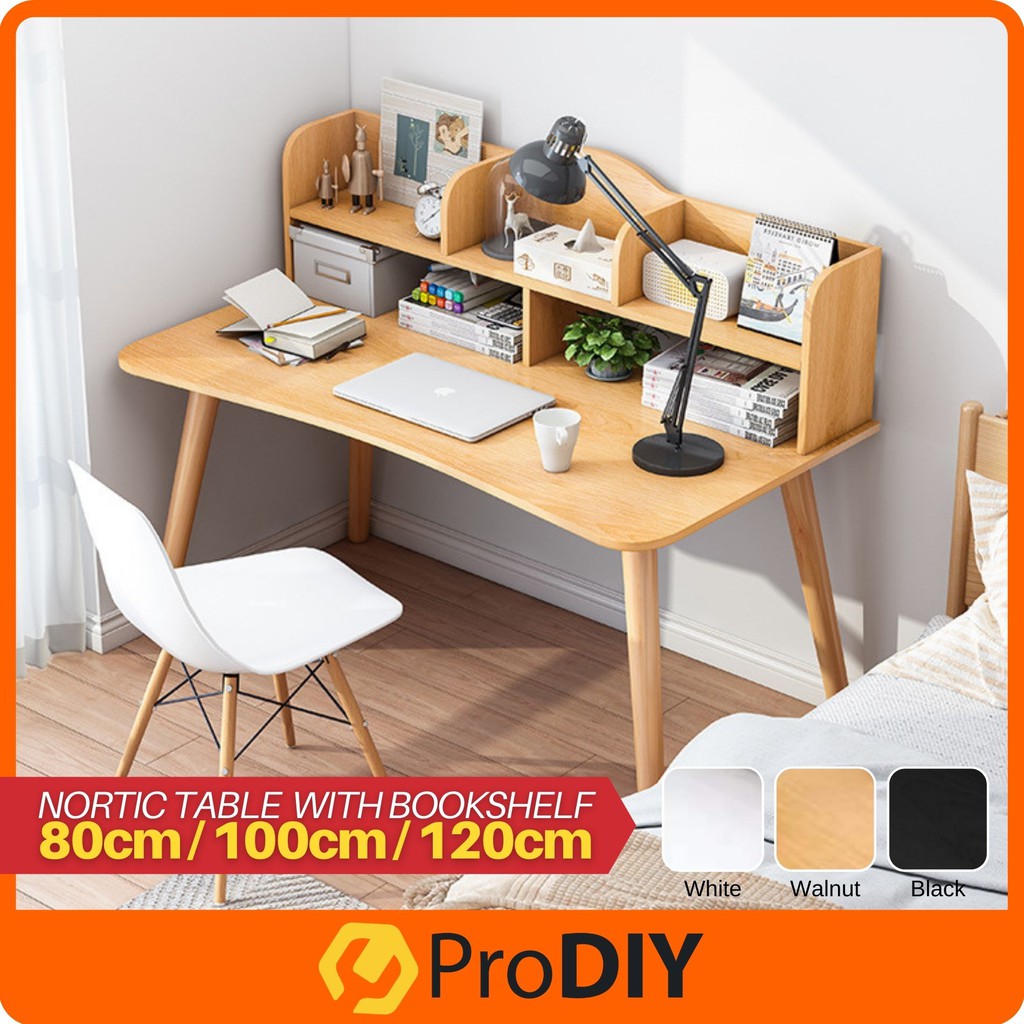 Nordic Table with Bookshelf Solid Wood Desk Writing Study Table ...