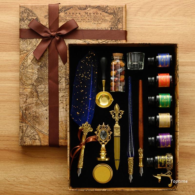 Top Antique Feather Dip Pen Kit Retro Wood Dip Pen Set Classic Wax Seal ...