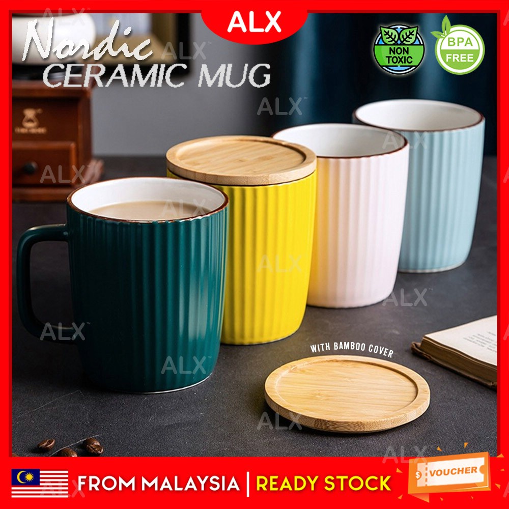 ALX Ceramic Coffee Mug Coffee Cup wt Wooden Cover Nordic Style Milk ...
