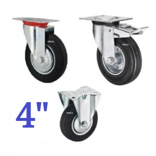 Black 4 Inch Industrial Rubber Wheel / Brake / Swivel / Rigid Castor ...