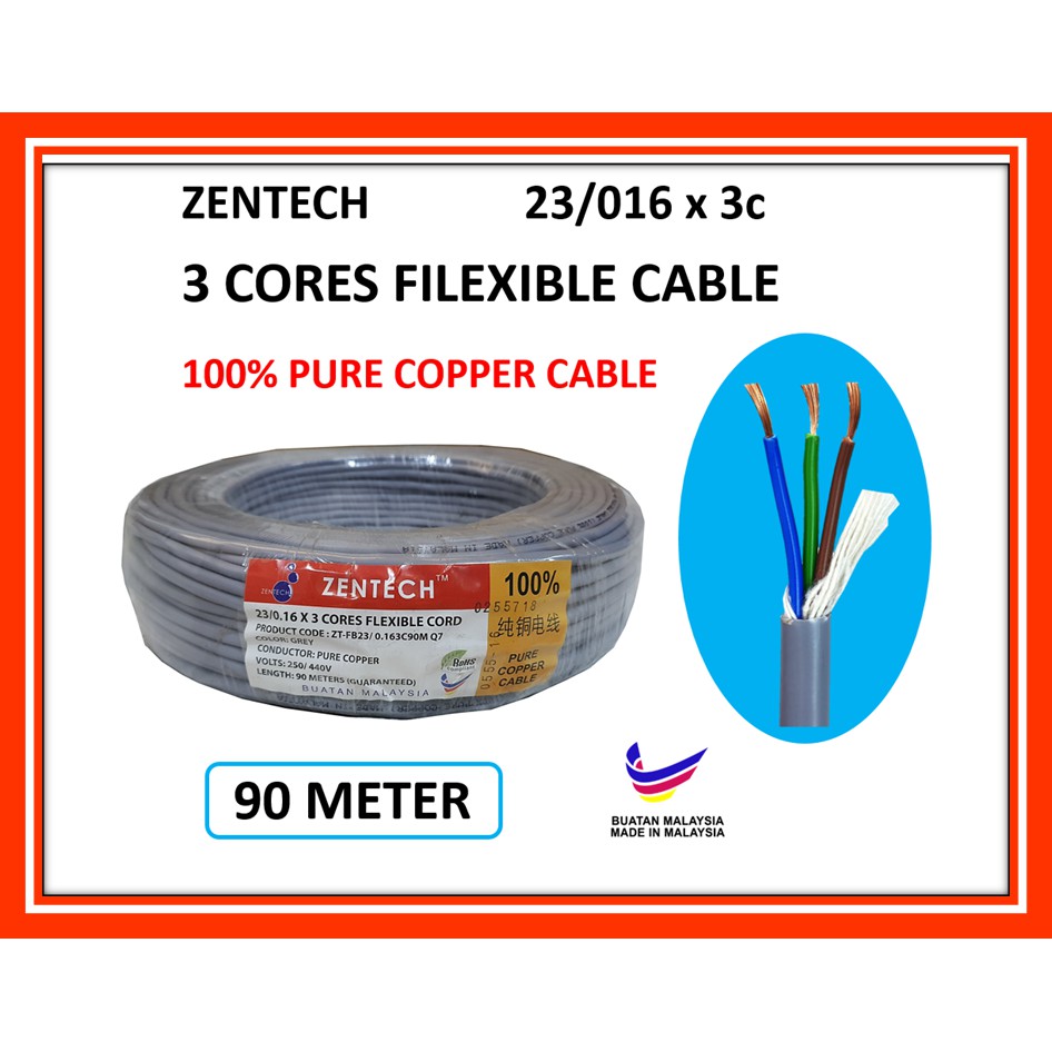 Zentech 23/016 X 3C 100% Pure Copper Sirim Pvc Flexible 3 Cores Cable Wire | Shopee Malaysia