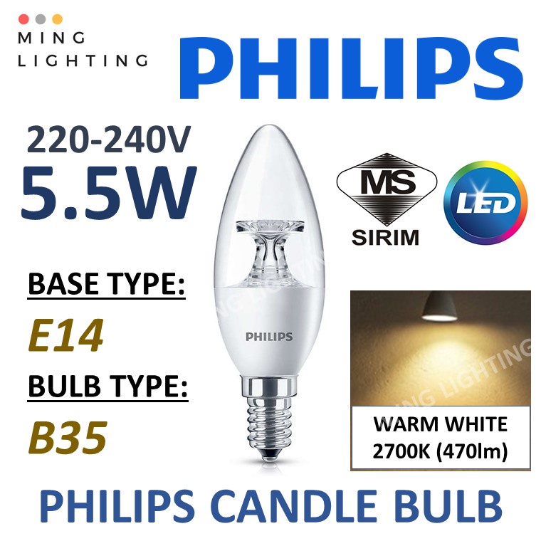 5.5W PHILIPS LED CANDLE BULB E14 B35 WARM WHITE 2700K | Shopee Malaysia