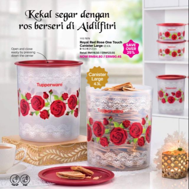 Tupperware royal red rose 4.3L one touch canister (1pcs) | Shopee Malaysia