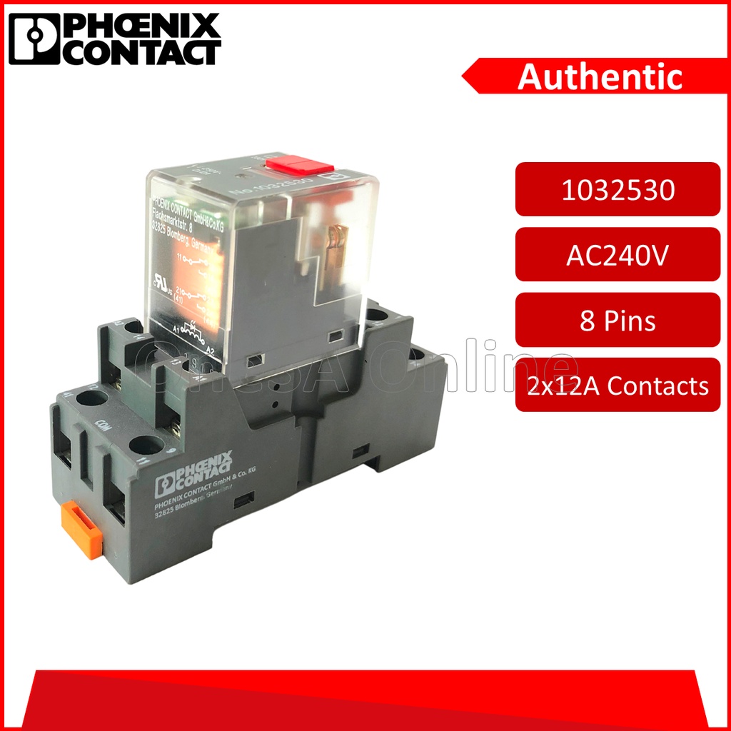 PHOENIX CONTACT RELAY C/W BASE AND TEST BUTTON 8PINS 12A AC230V FLAT ...