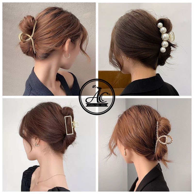 Korean Elegant Pearl Shark Clip Golden Metal Hair Clamp Claw Hair Clip ...