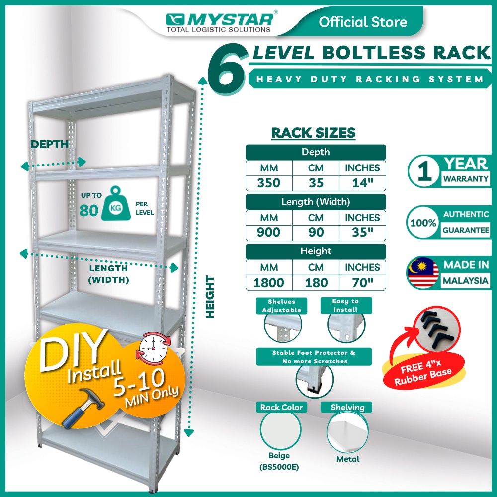 MYSTAR Boltless Rack Light Duty Series 6 Level 80KG 35(D)x90(W)x180(H ...