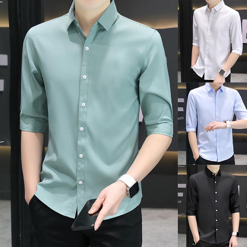 Men's 3/4 Ice Silk Trend Plain Shirt All-match Solid Color Slim Fit Casual Workwear Korean ...