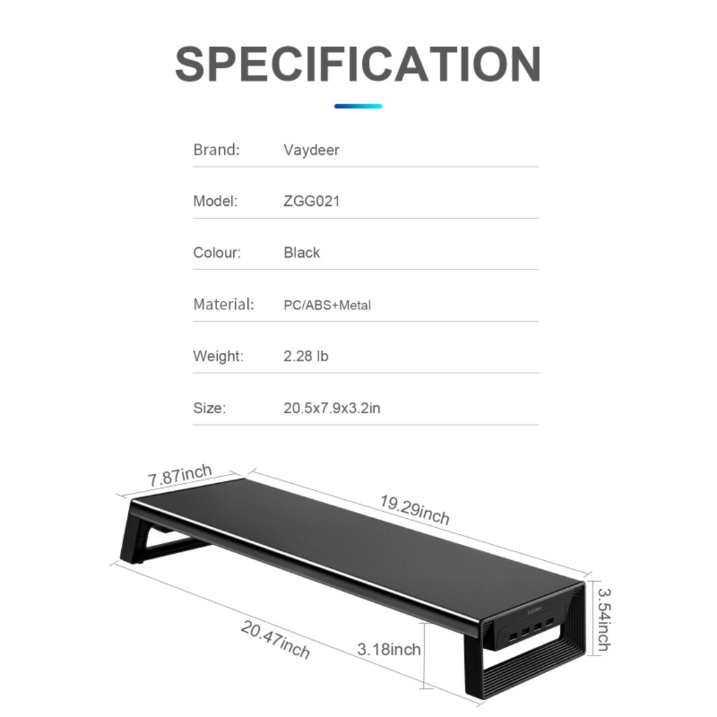 VAYDEER Monitor Stand Aluminum with Charging USB 2.0 Hub Computer Riser ...