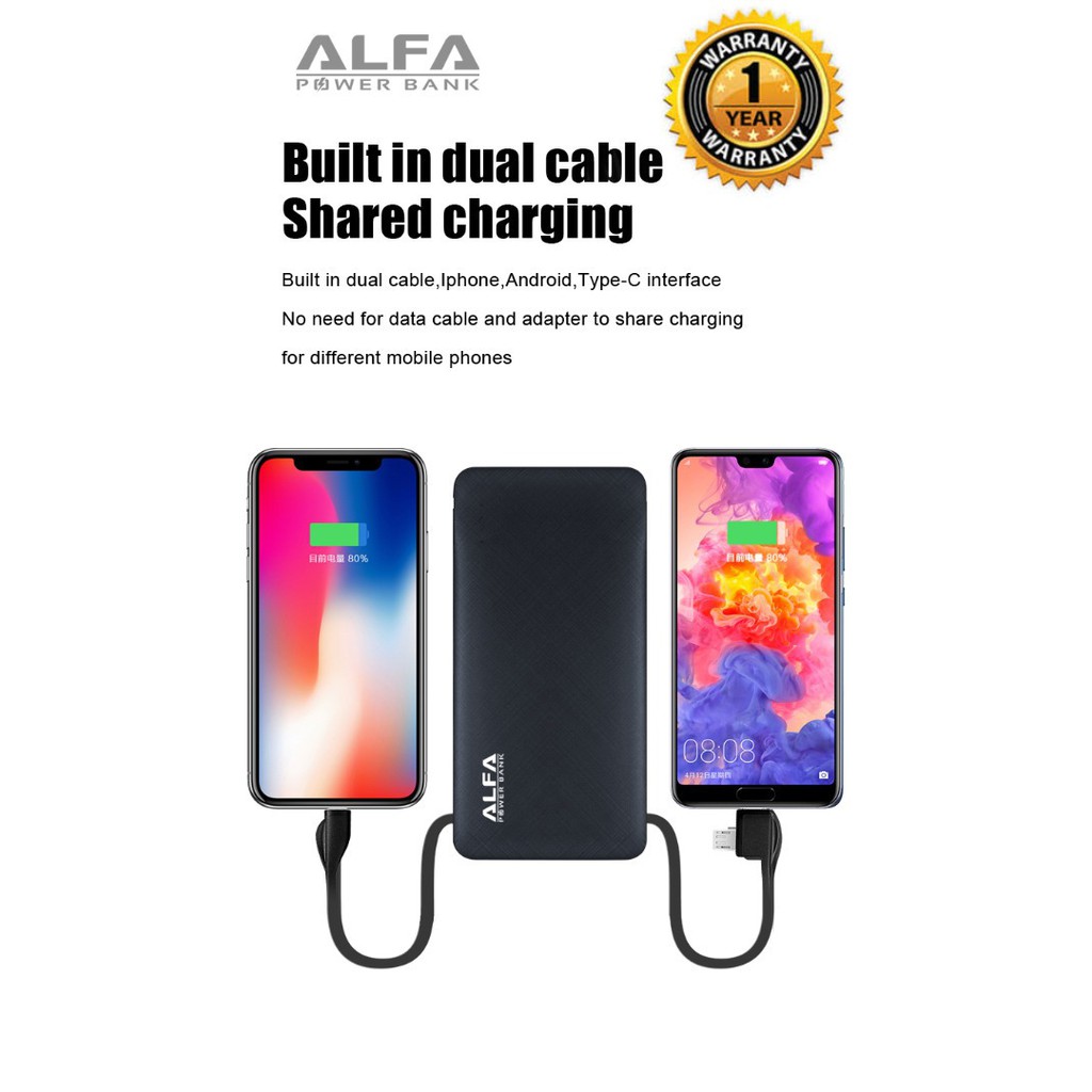 Alfa Powerbank 10000mah slim 2.1 Built in 3 in 1 fast Charging Cable ...