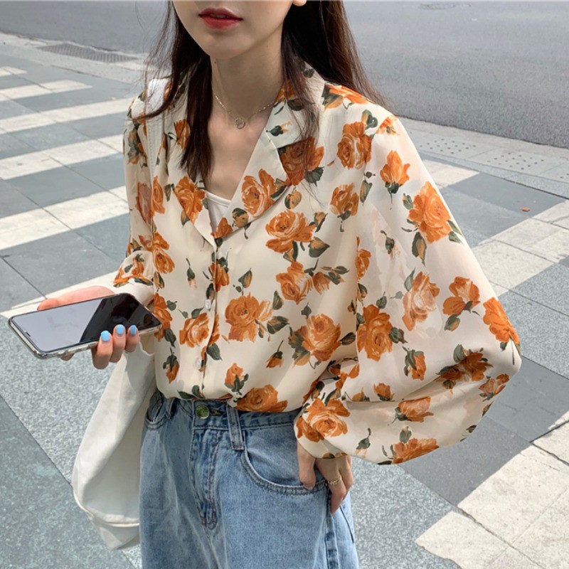 Floral blouse women Chiffon blouse plus size blouse Yellow rose oil ...