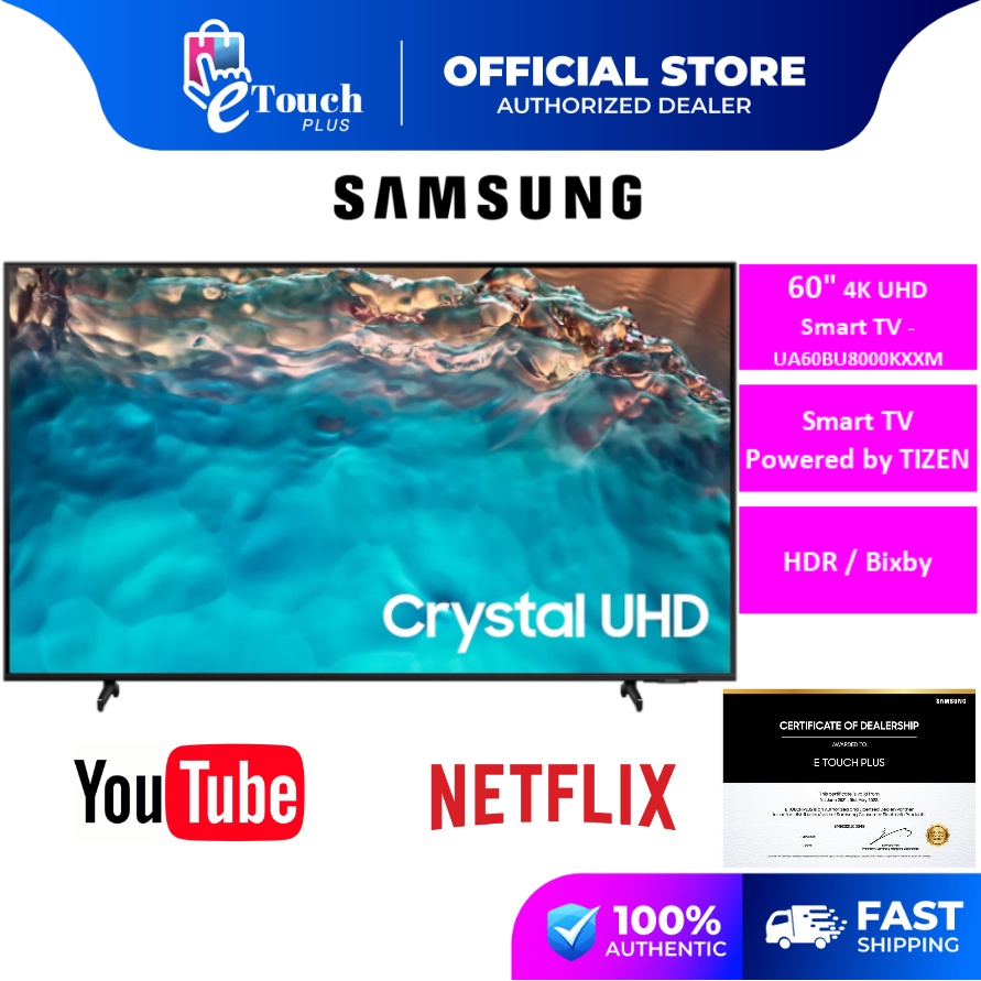 Samsung 60" l 60 Inch BU8000 Flat 4K Crystal UHD Smart TV UA60BU8000KXXM Television Televisyen ...