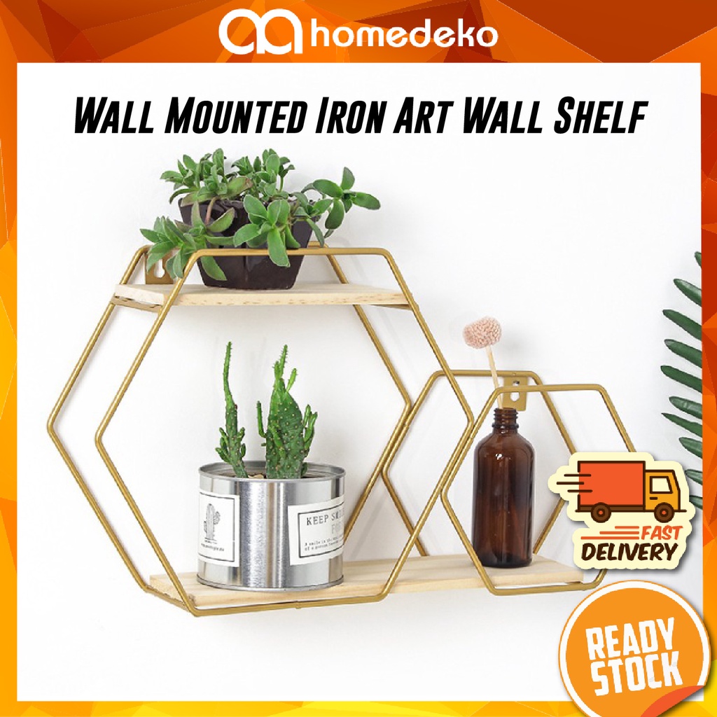 Wall Mounted Iron Art Wall Shelf Double Hexagon Iron Hanging Storage ...