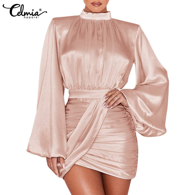 CELMIA Women Silk Satin Lantern Sleeve Stand Collar Irregular Hem Party ...