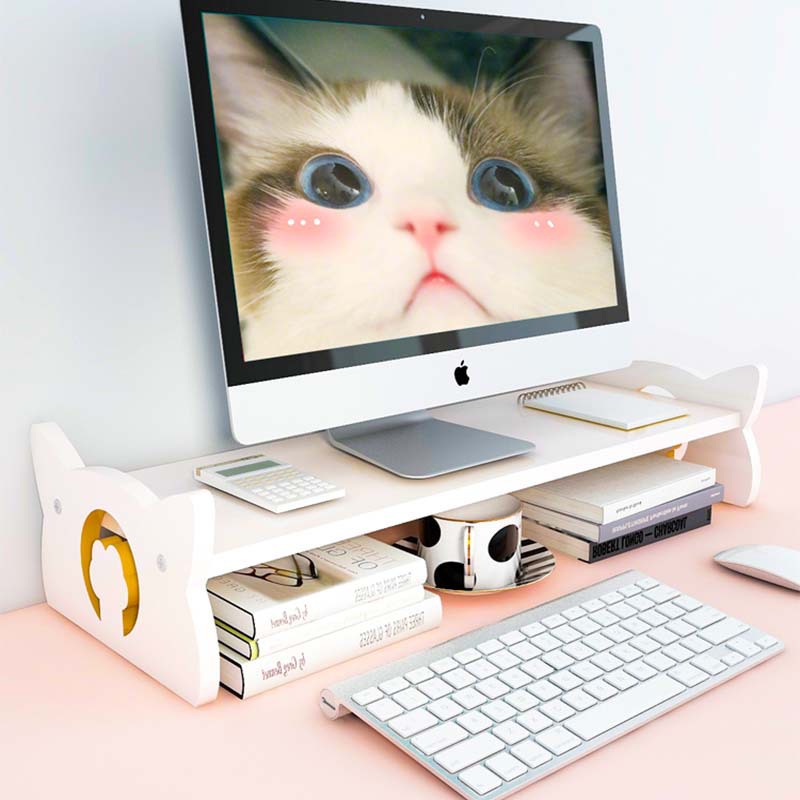 Cute cat design desktop computer screen extender tabletop storage rack ...