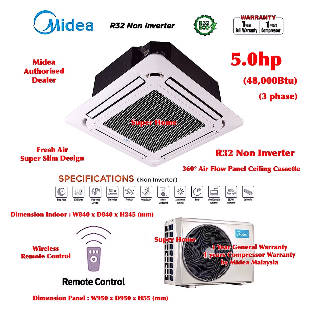 Midea R32 Ceiling Cassette Air conditioner 4hp / 5hp (Panel MCD-PANEL-04A1) R32 Non Inverter ...