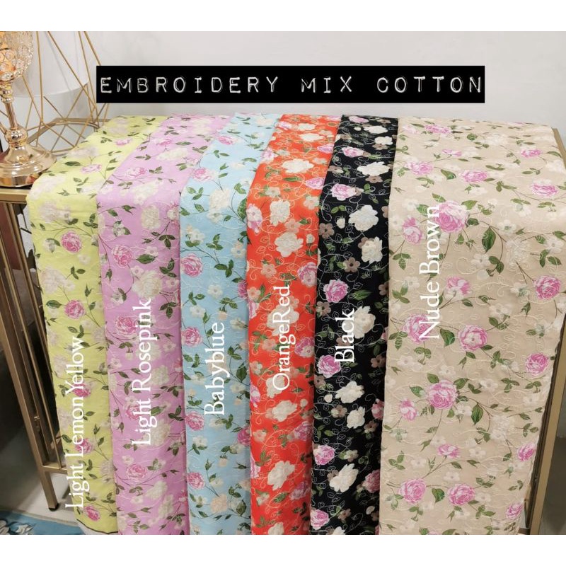 Kain Pasang Meter Printed Bunga Flower Embroidery Mix Cotton Kain Sejuk ...