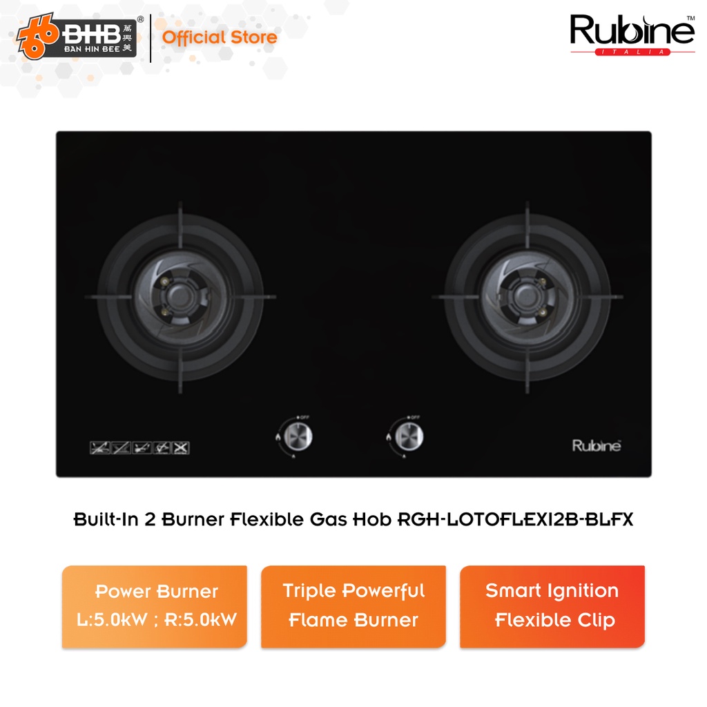 Rubine LOTO FLEXI Built-in Black Tempered Glass Gas Hob 2 Burner 5.0kW ...