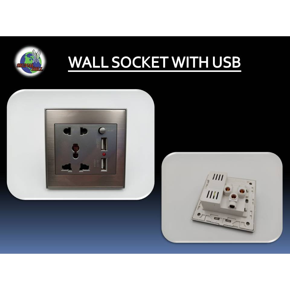 Universal 5pin Wall Socket with 2 USB charging Ports Hotel Home SILVER ...