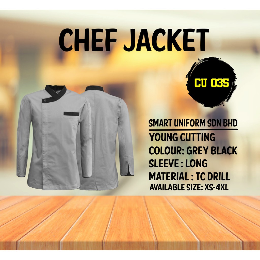 Chef Uniform CU 035-Chef Jacket Grey with Black Collar Long Sleeve ...