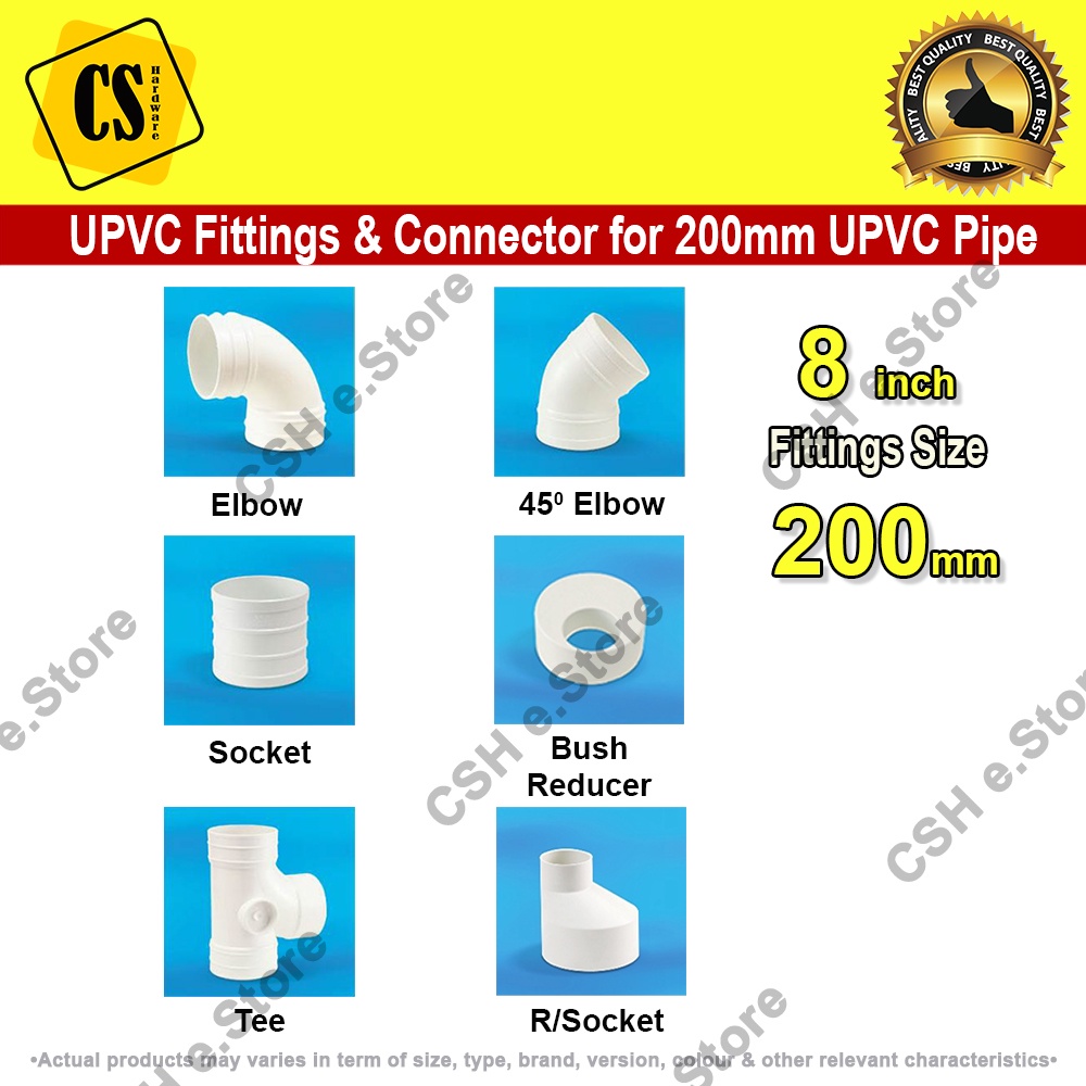 UPVC Fitting Connector Sambungan Paip Putih 200mm Elbow 45 Elbow Tee ...