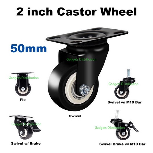 Black Heavy Duty 50mm 2 inch 2" PU Swivel Fix Brake Castor Caster ...