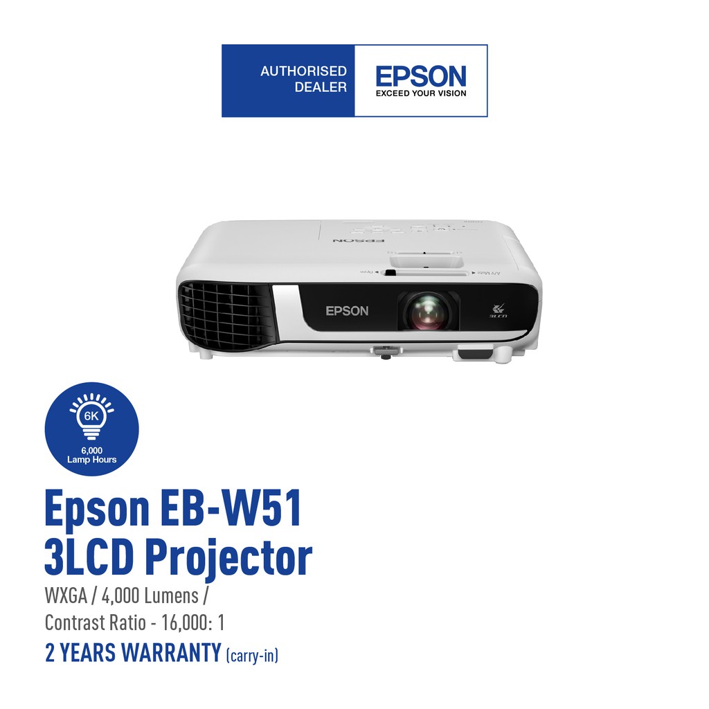 Epson EB-W51/ EB-W50 WXGA 3LCD 3,800 lumens Projector | 17,000 hours lamp life in eco-mode ...